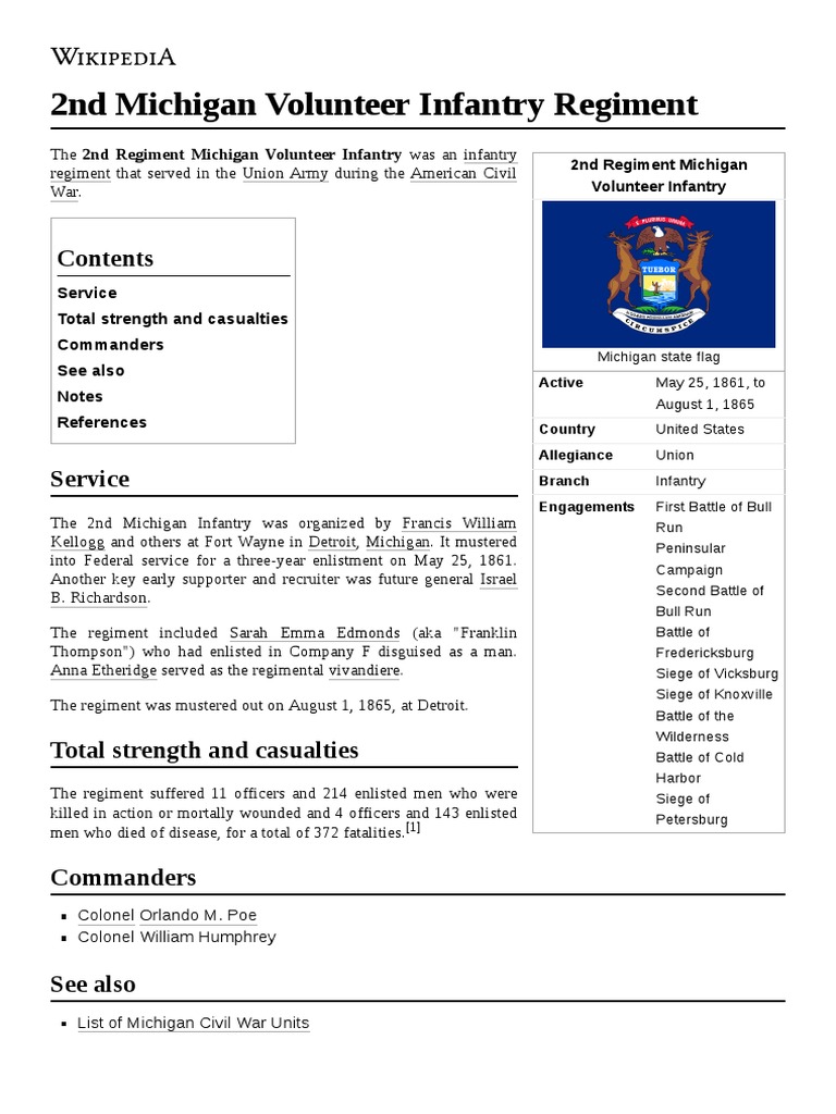 2nd Michigan Volunteer Infantry Regiment | PDF | American Civil War ...