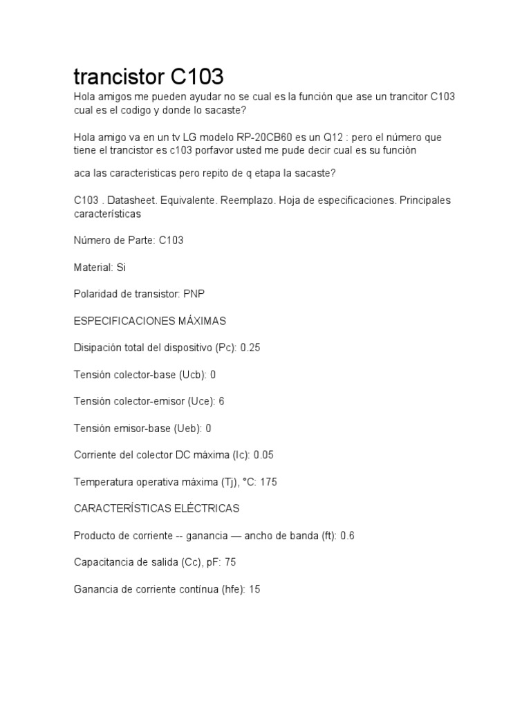 Trancistor C103 | PDF | Transistor de unión bipolar | Transistor