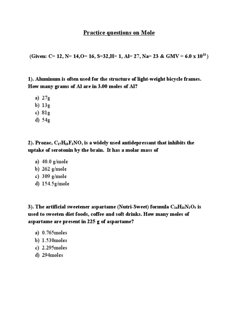 Foundation Chemistry - Practice Question On Mole | PDF | Science ...