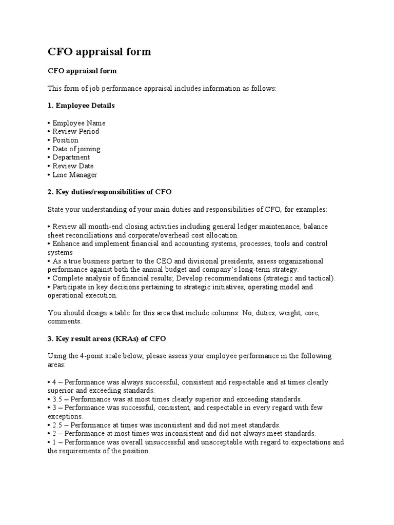 CFO Appraisal Form | PDF | Chief Financial Officer | Performance Appraisal