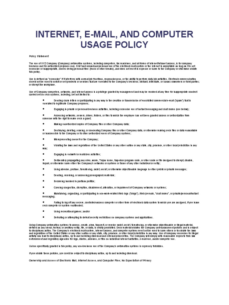 Internet, E-Mail, and Computer Usage Policy | PDF | Confidentiality ...