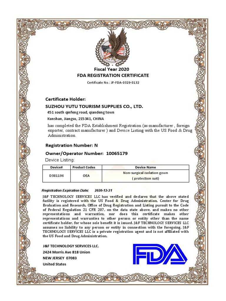 Fiscal Year 2020 Fda Registration Certificate | PDF | Law