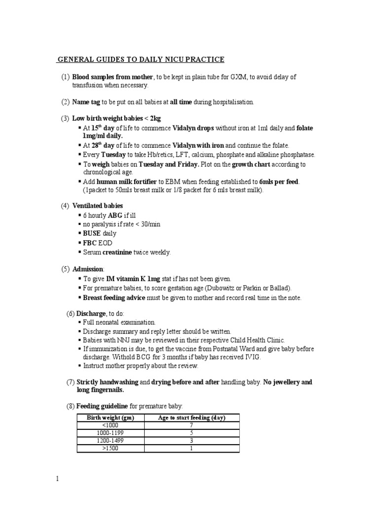Guidelines for Daily Neonatal Intensive Care Unit Practices and ...