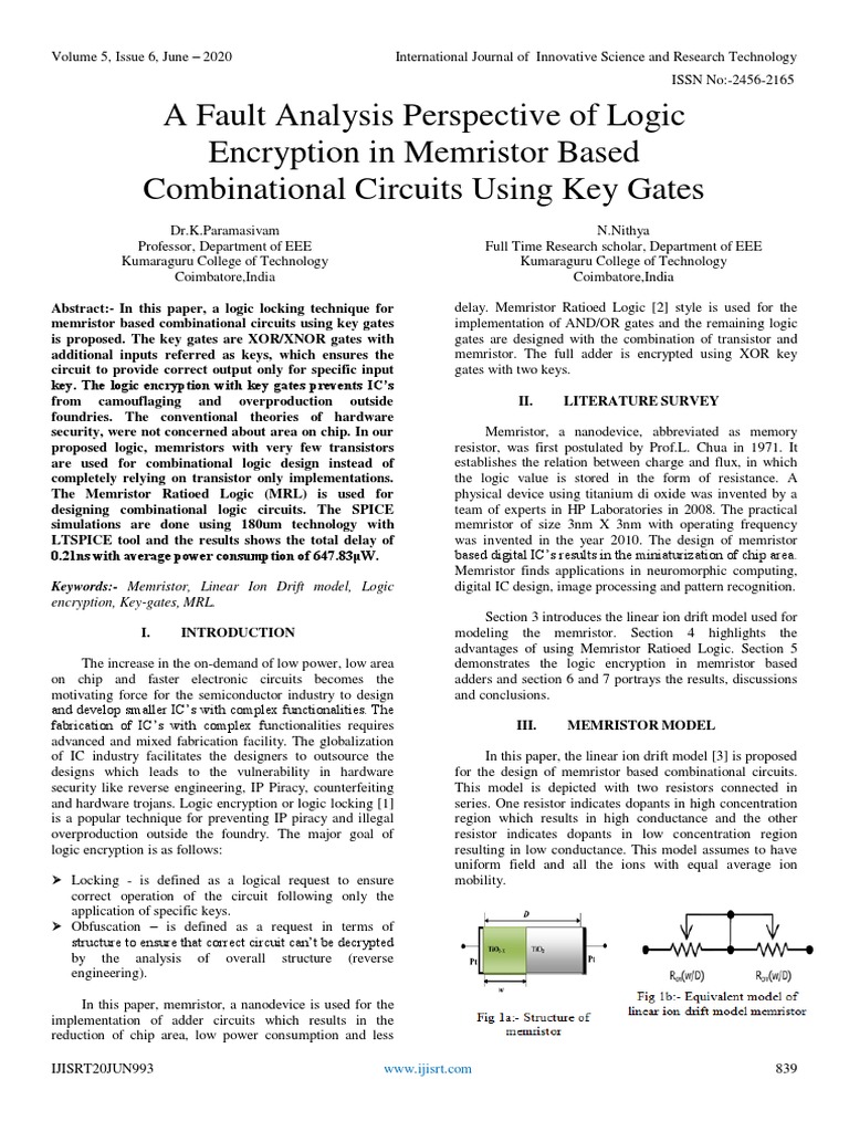 A Fault Analysis Perspective of Logic Encryption in Memristor Based Combinational Circuits Using ...