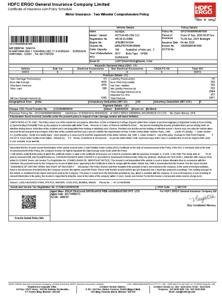 Motor Insurance - Two Wheeler Comprehensive Policy | PDF | Deductible ...
