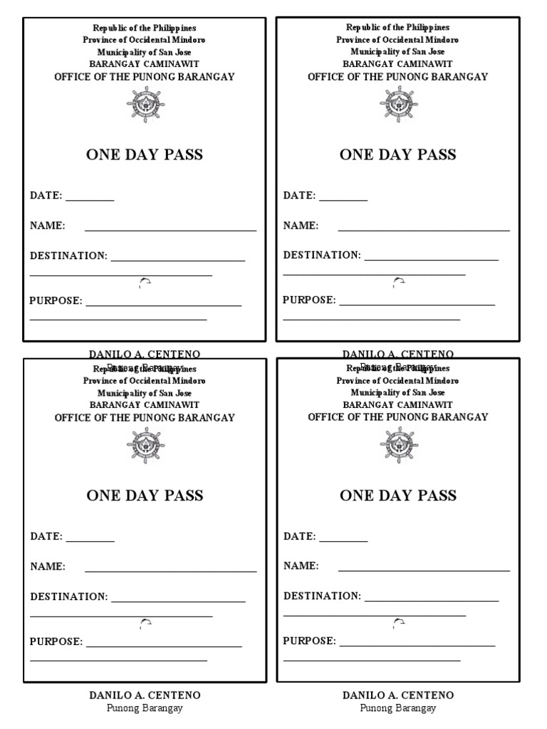 One Day Pass One Day Pass: Office of The Punong Barangay Office of The ...