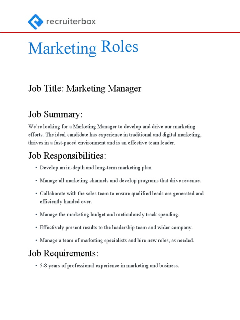 Marketing Roles: Job Title: Marketing Manager Job Summary | PDF ...