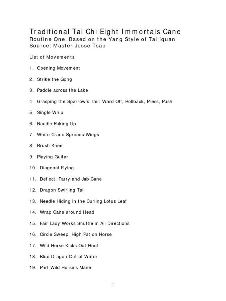 Eight Immortals Tai Chi Cane Form Routine One | PDF | Tai Chi | Chinese ...