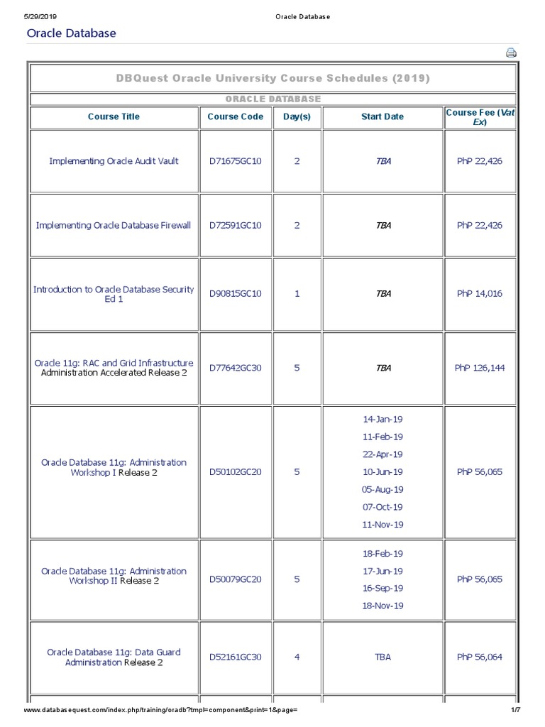 Oracle Database: Dbquest Oracle University Course Schedules (2019 ...