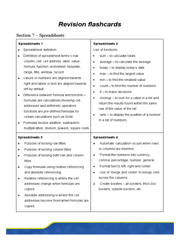 Revision Flashcards: Section 7 - Spreadsheets | PDF | Spreadsheet ...