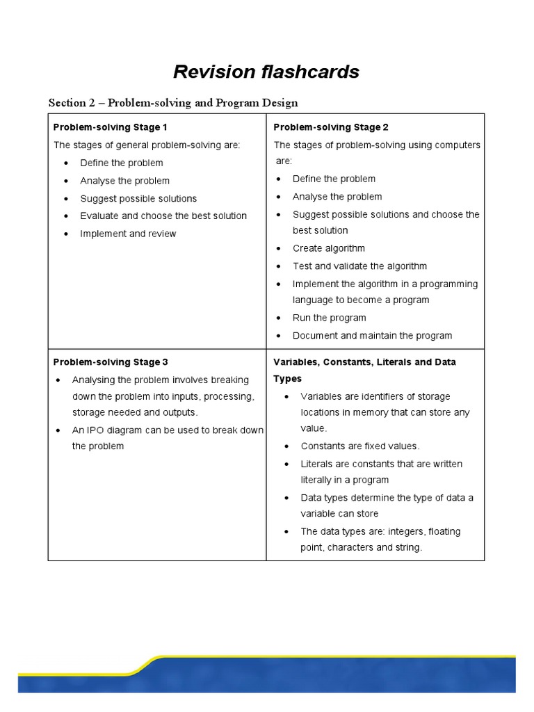 Revision Flashcards Section 2 Problem Solving And Program Design Pdf Iteration Algorithms 5671
