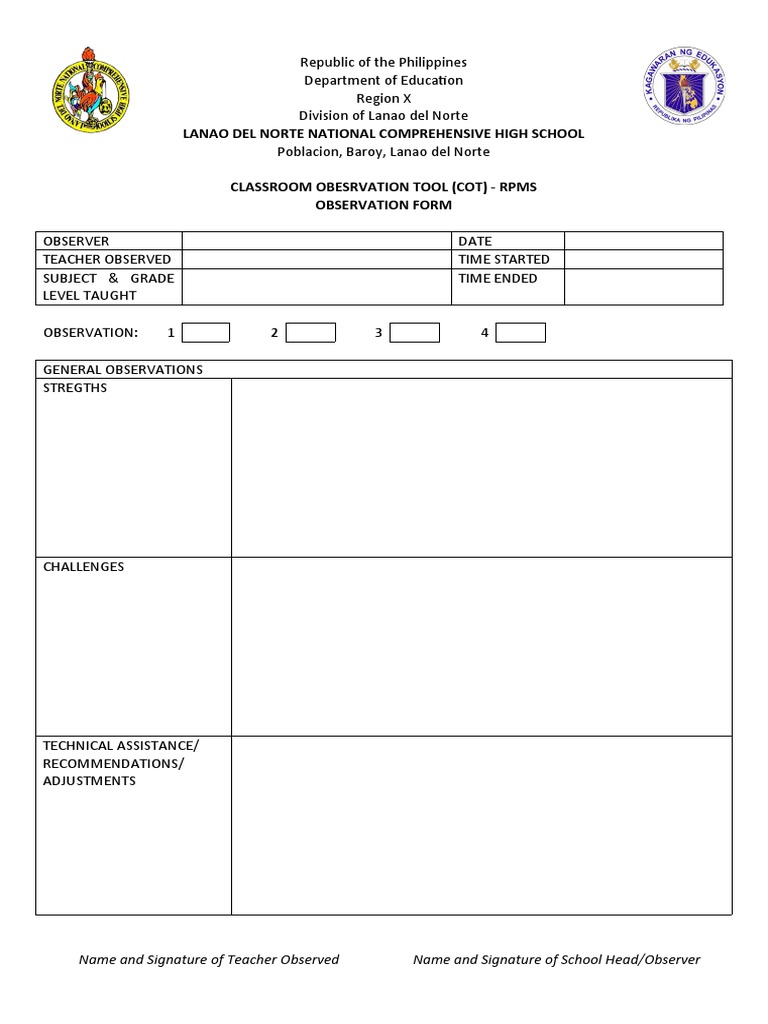 Cot Observation Notes Form | PDF