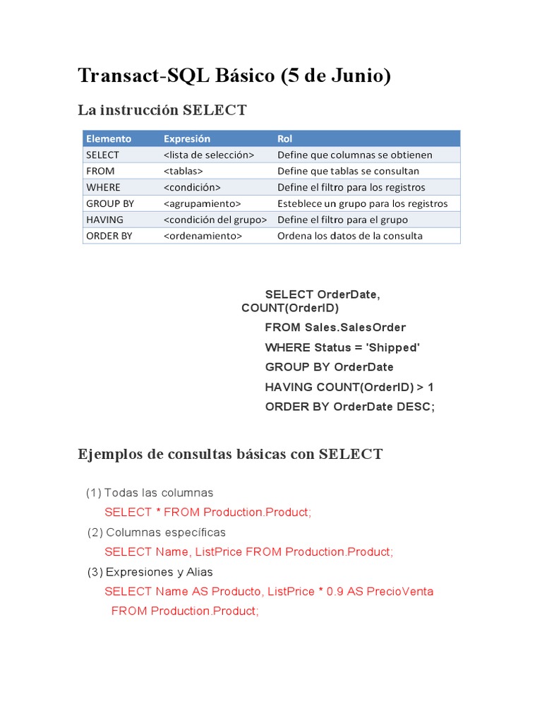 Transact Sql Básico 5 De Junio La Instrucción Select Pdf 0915