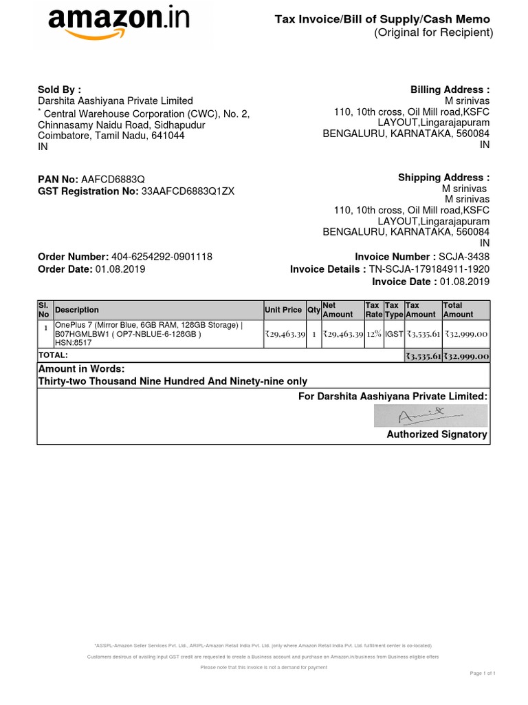 Sales Invoice For The Purchase Of Oneplus 7 Smartphone From Darshita