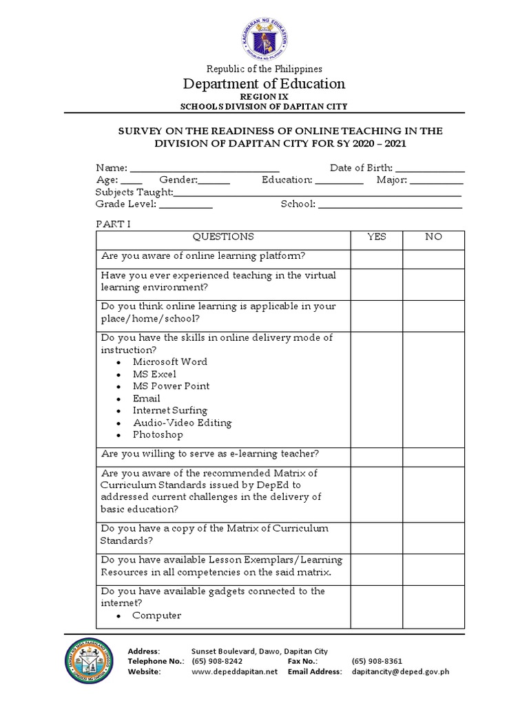 Dapitan City Online Teaching Readiness Survey | PDF | Educational ...
