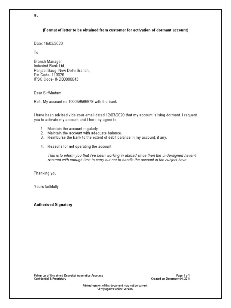 Format of Letter To Be Obtained From Customer For Activation of Dormant ...