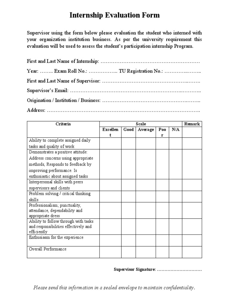Internship Evaluation Form: Criteria Scale Remark Excellen T Good ...