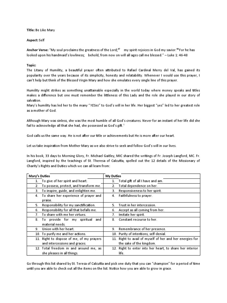 Title: Be Like Mary Aspect: Self Anchor Verse: "My Soul Proclaims The ...