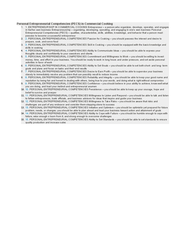 Pecs Com - Cooking - 2 | PDF | Entrepreneurship | Action (Philosophy)