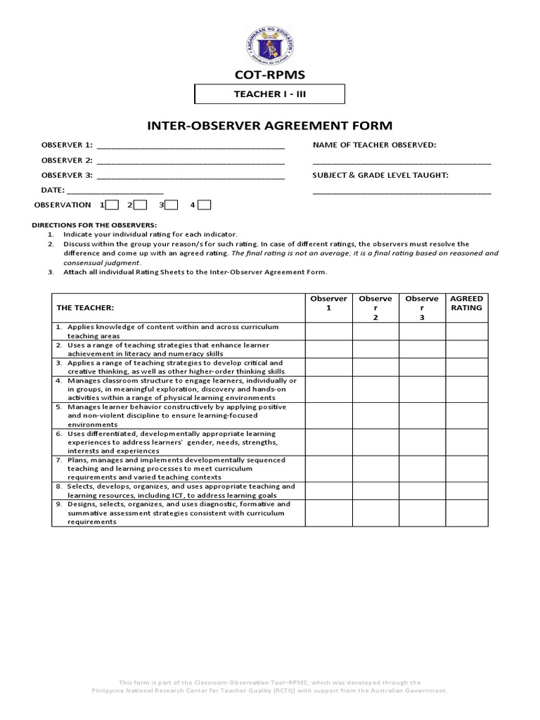 Inter-Observer Agreement Form - Teacher I-III 051018 | PDF | Curriculum ...
