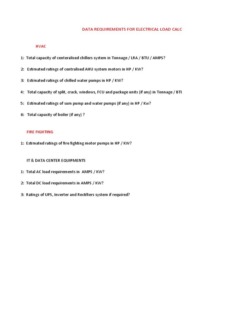 Data Requirements For Electrical Load Calculation | PDF | Power Supply ...