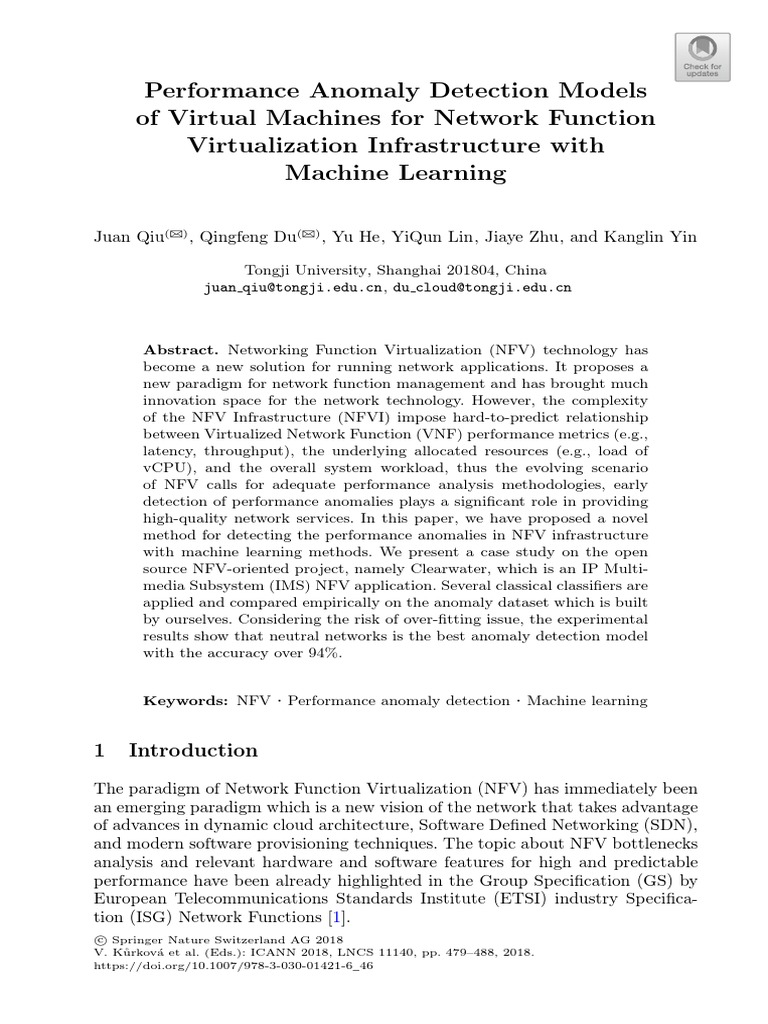 Performance Anomaly Detection Models Of Virtual Machines For Network Function Virtualization