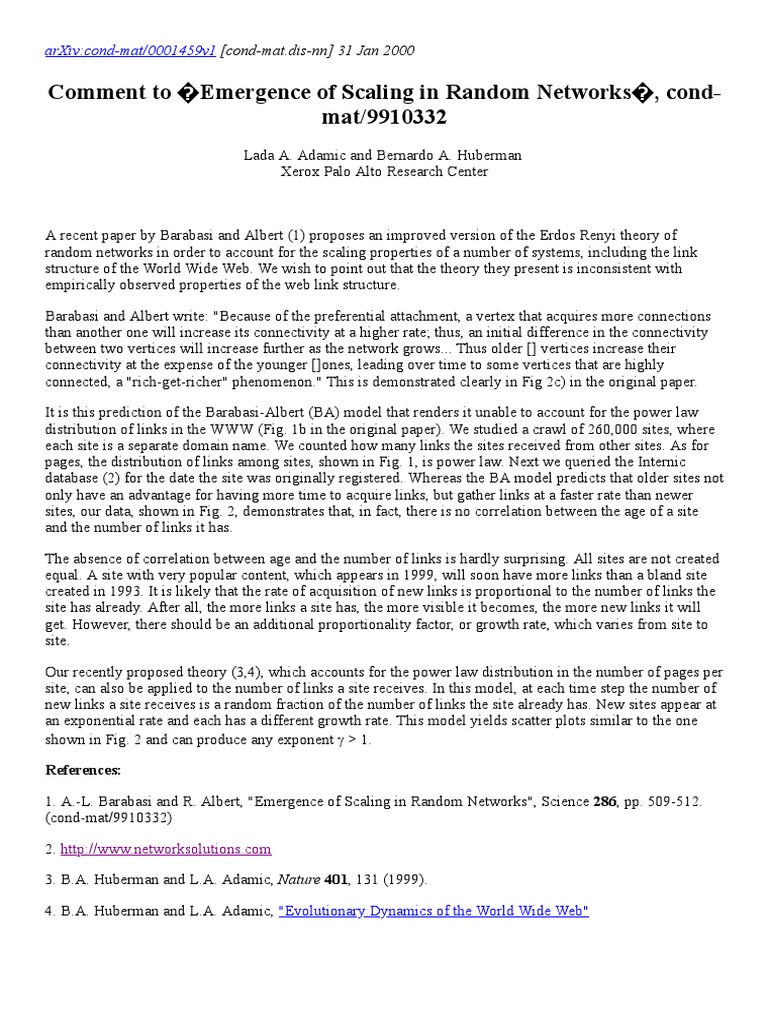 Technical Comment To Emergence of Scaling in Random Networks | PDF | Power Law | Applied Mathematics