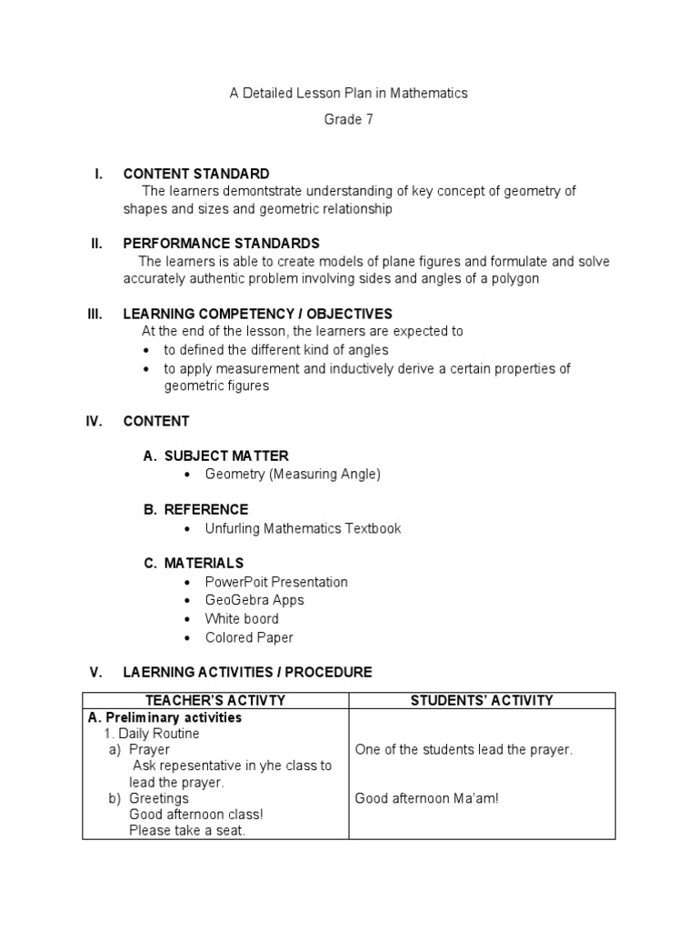 A Detailed Lesson Plan in Mathematics 12345 | PDF | Angle | Geometry