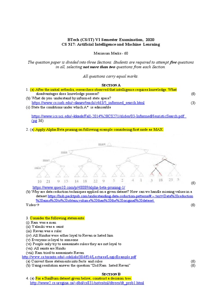 BTech CS/IT VI Sem AI & ML Exam Questions | PDF | Dependent And Independent Variables ...