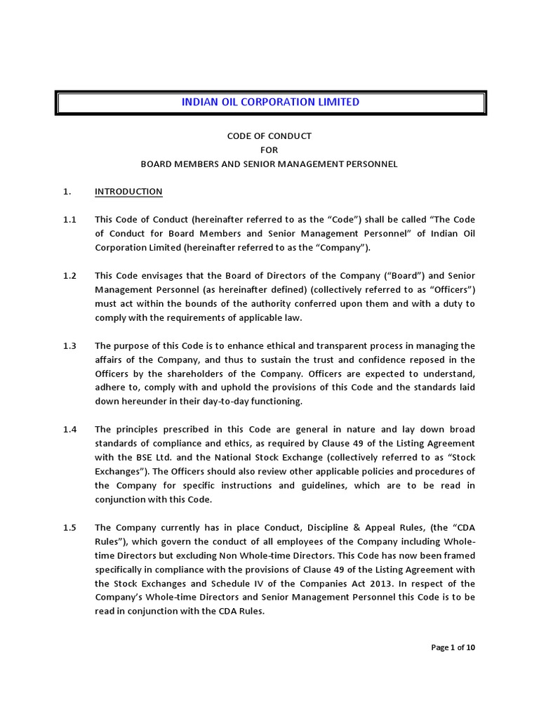 Code of Conduct For Board Members & SMP | PDF | Conflict Of Interest ...