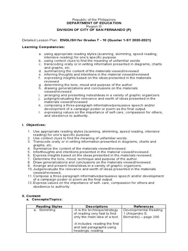 JHS English DLP For Grades 7 10 JHS Covid 19 Integration | PDF | Speed ...