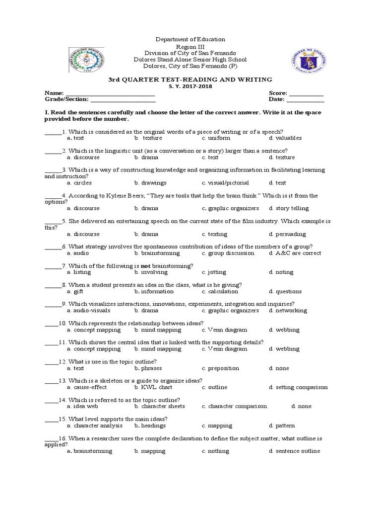 3Rd Quarter Test-Reading and Writing | PDF | Idea | Epistemology