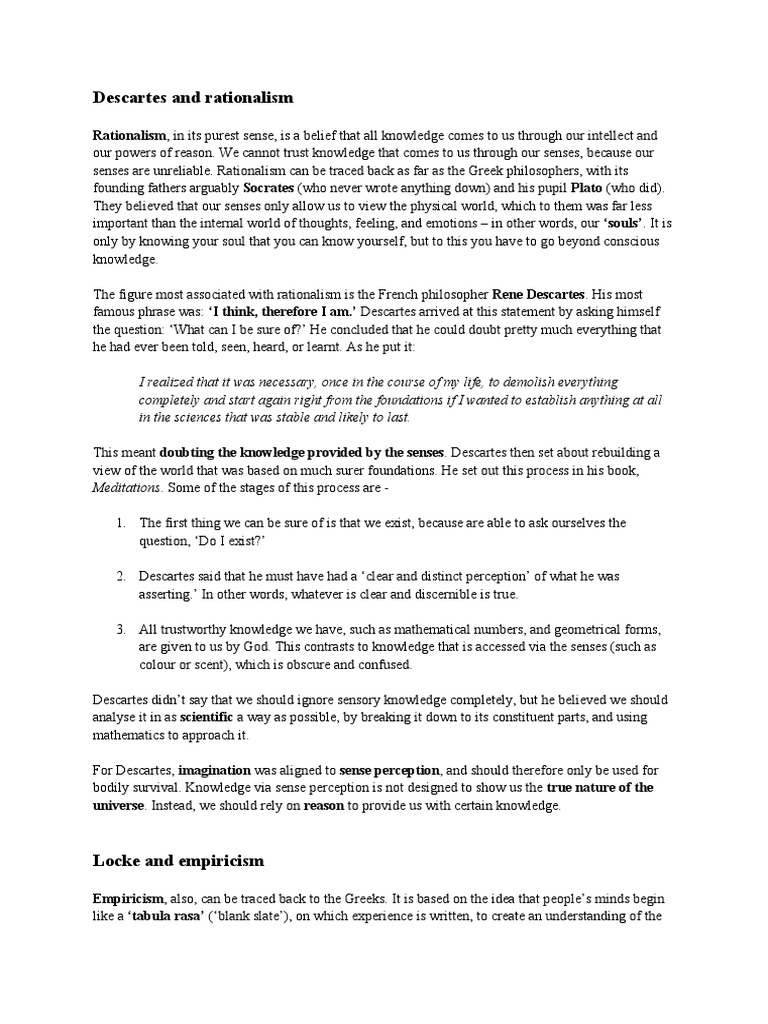 Descartes vs. Locke (Student Handout) | PDF | Idea | René Descartes