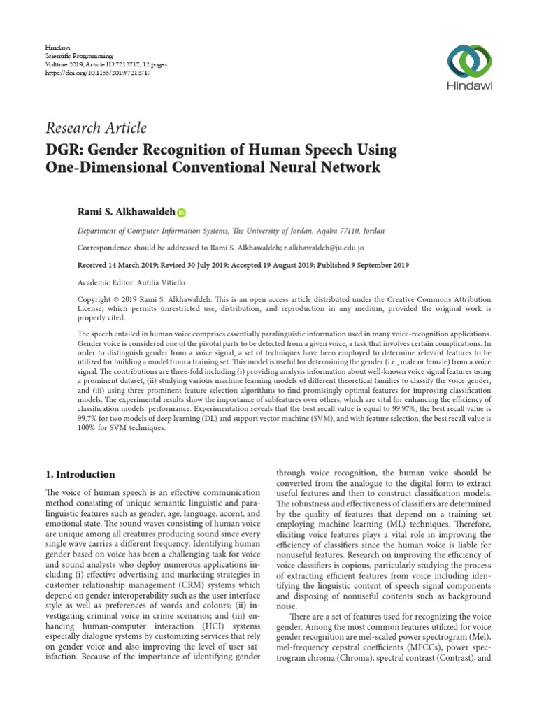 Research Article: DGR: Gender Recognition of Human Speech Using One ...