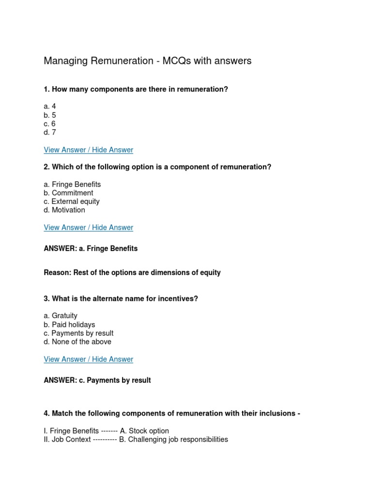 Managing Remuneration MCQ | PDF | Employee Relations | Employment