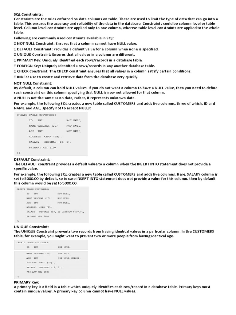 SQL Constraints | PDF | Relational Database | Database Index SQL Constraints | PDF | Relational Database | Database Index
