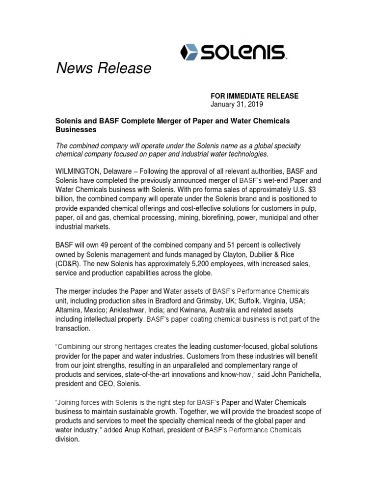 Solenis - BASF - Merger - Press Release (Solenis) PDF | PDF | Paper ...