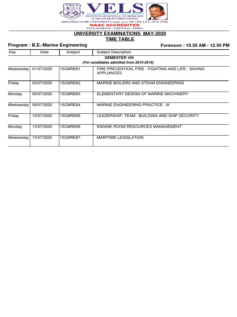 University Examinations May-2020 Time Table Program: B.E.-Marine ...