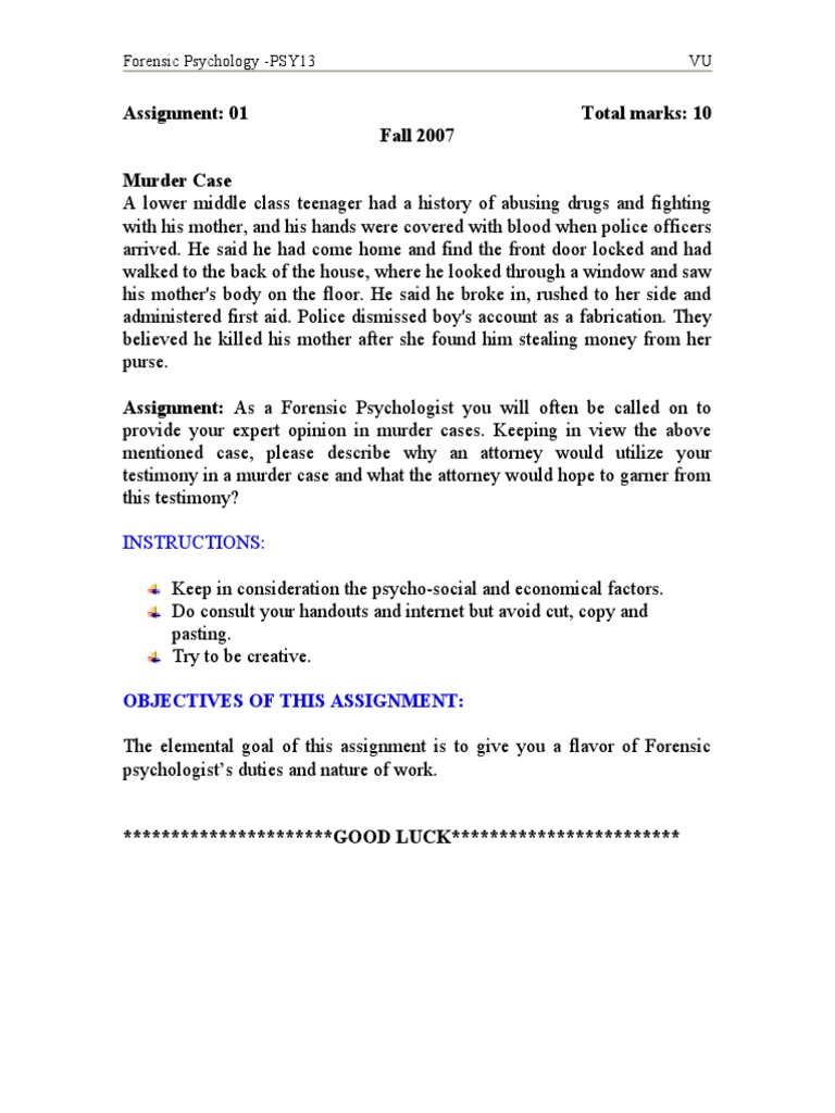 Forensic Psychology - PSY513 Fall 2007 Assignment 01 | PDF