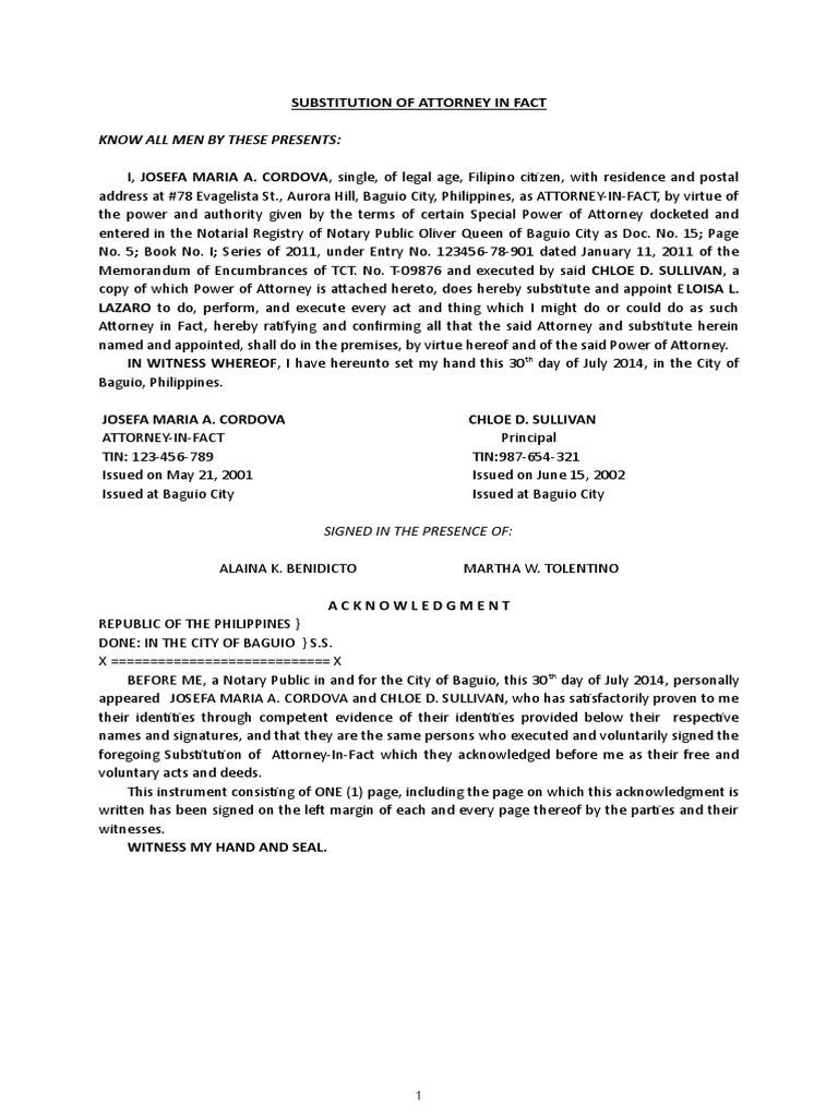 .Substitution of Attorney-In-Fact | PDF | Power Of Attorney | Practice ...