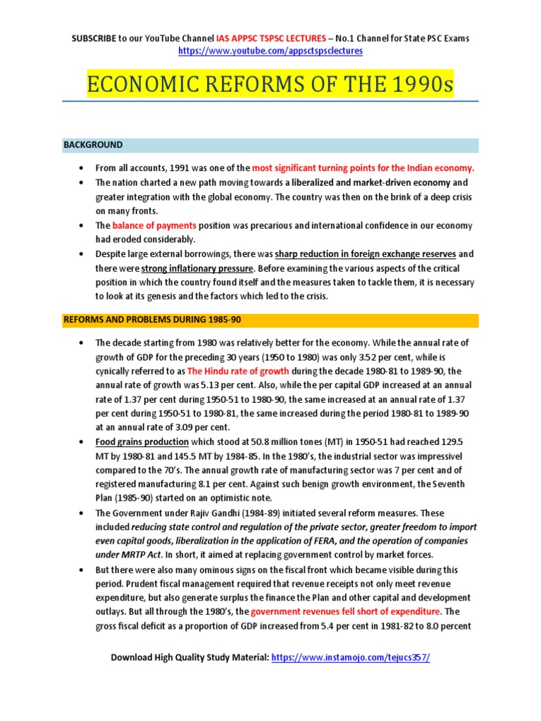 1991 Economic Reforms in India | PDF | Government Budget Balance ...