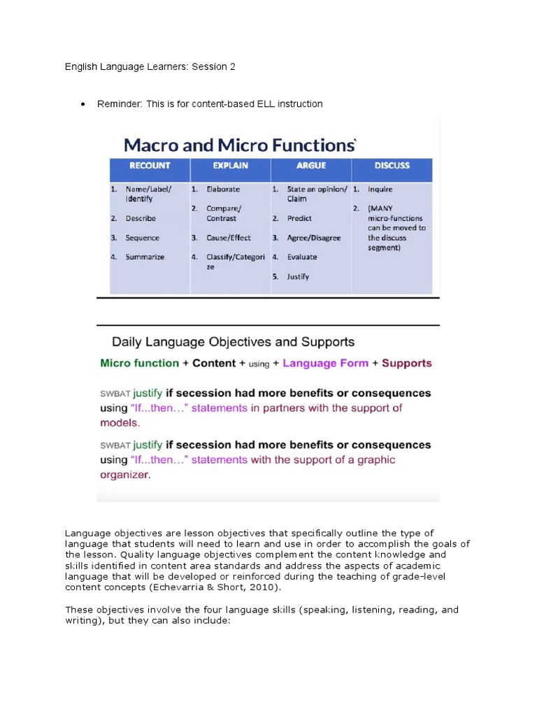 ELLs Learn Language Objectives Across Subjects | PDF | Reading ...