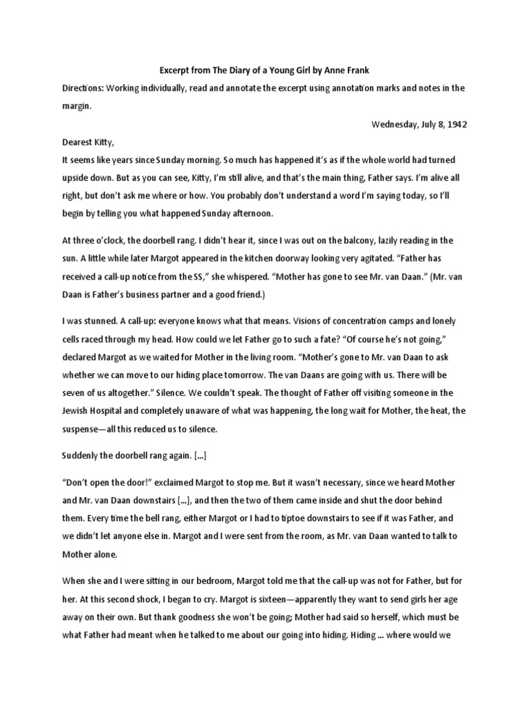 Excerpt From The Diary of A Young Girl by Anne Frank | PDF | Anne Frank ...