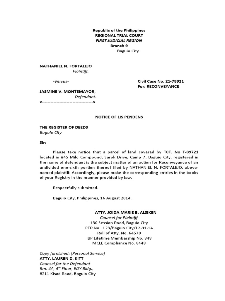 Notice of Lis Pendens Regarding a Civil Case for Reconveyance of a Parcel of Land in Baguio City ...