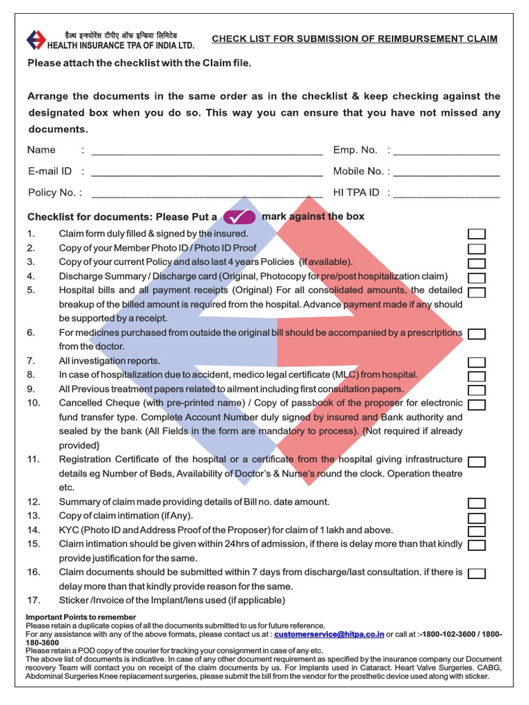 Claim Documents Check List 09032017 | PDF | Payments | Receipt