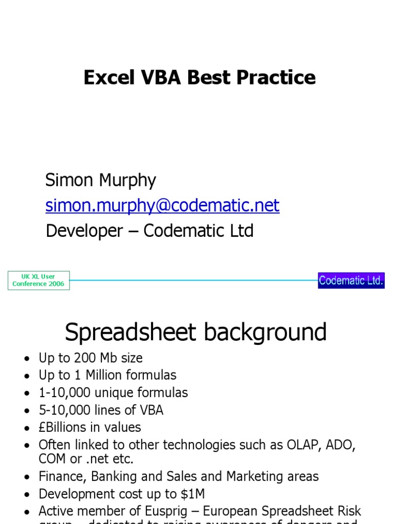 Excel VBA Best Practice: Simon Murphy Developer - Codematic LTD | PDF | Microsoft Excel | Subroutine