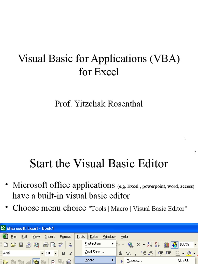 Visual Basic For Applications (VBA) For Excel: Prof. Yitzchak Rosenthal ...