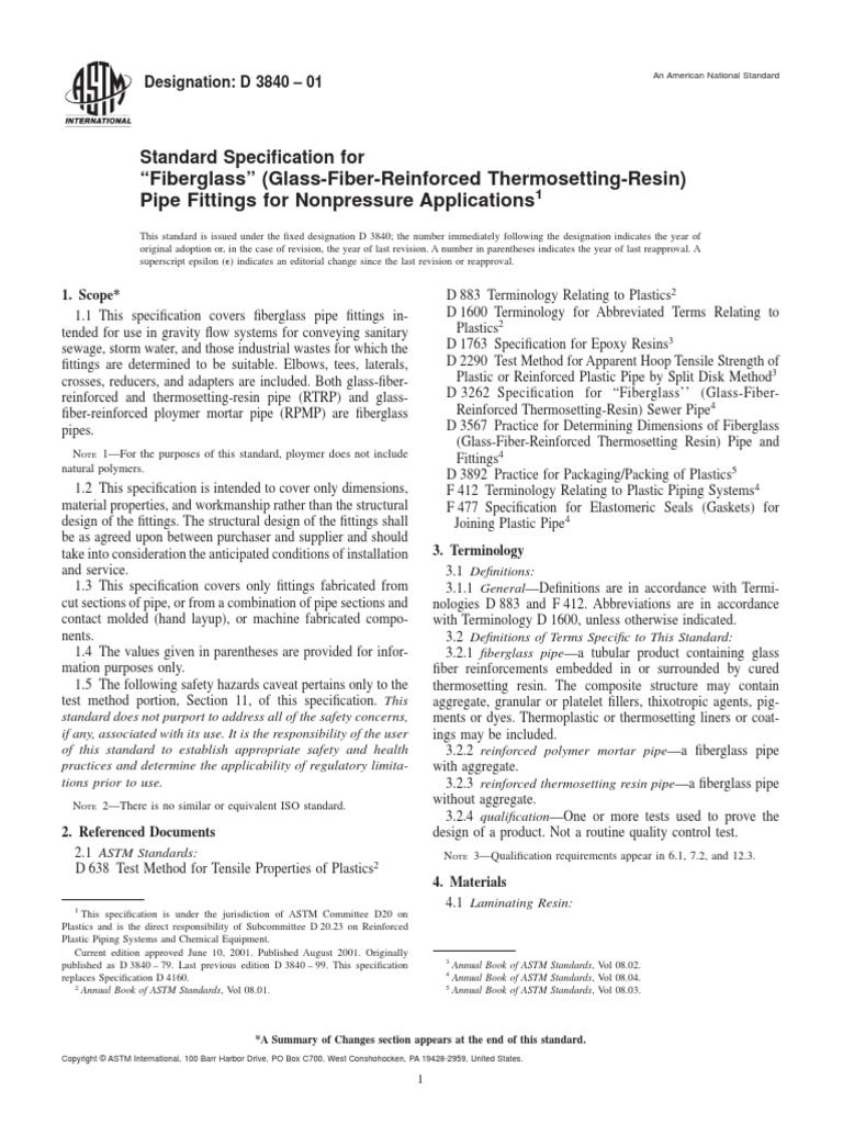 Astm D-3840 - 01 | PDF | Fiberglass | Pipe (Fluid Conveyance)