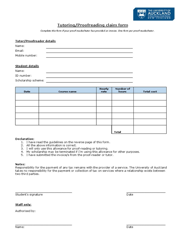 NZ Scholarship Tutoring Claim Form | PDF | Proofreading | Tutor