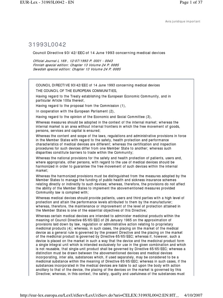 93 42 Eec Medical | PDF | Medical Device | European Union